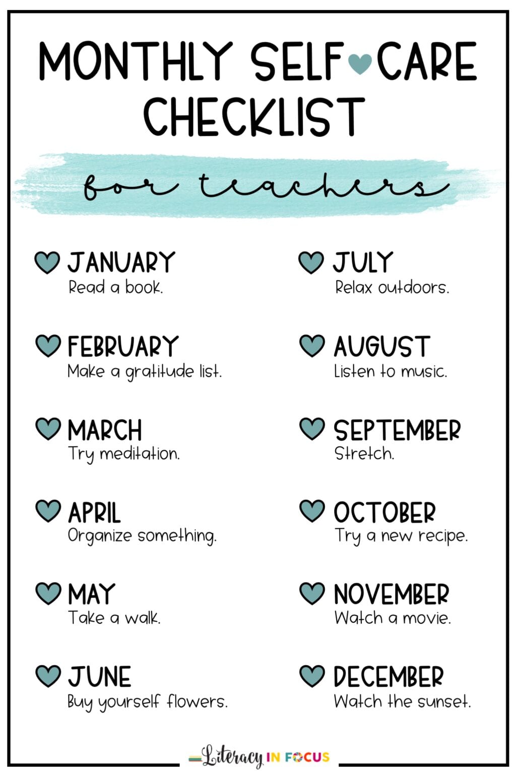 Monthly Self-Care Checklist for Teachers | Literacy In Focus