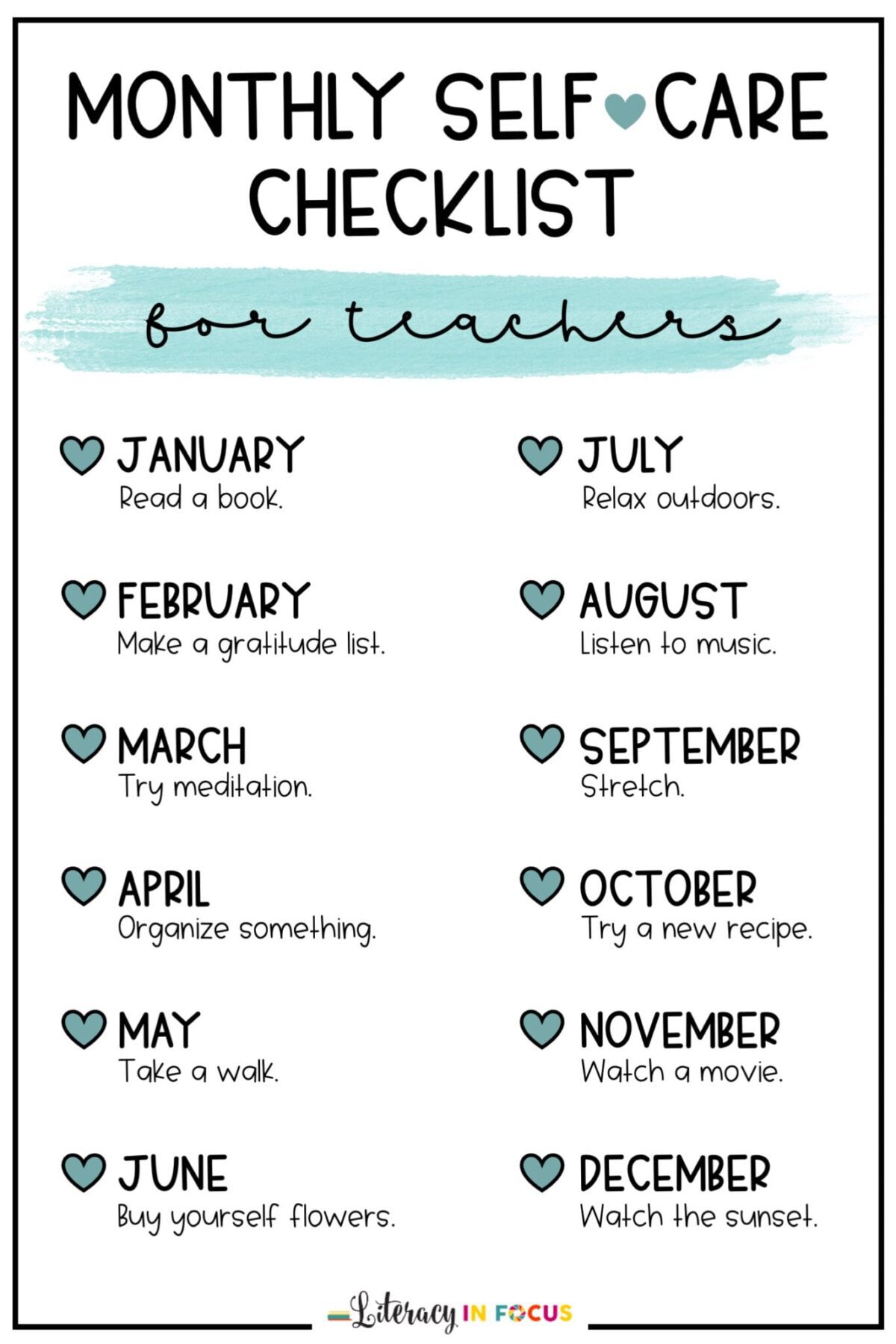 Monthly Self-Care Checklist for Teachers - Literacy In Focus